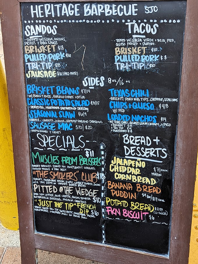 The chalkboard menu – barbecue's version of sacred scripture. Each colorful entry promises a different path to meat nirvana.