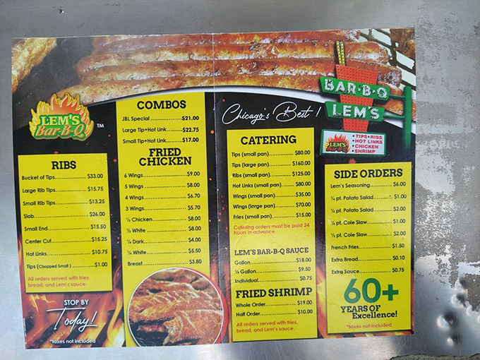 The menu board tells the whole story&mdash;tips, ribs, links, chicken, and shrimp. No fancy descriptions needed when the food speaks for itself.