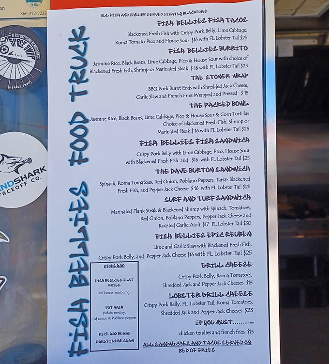 A menu that reads like a love letter to seafood enthusiasts. The blackened fish with crispy pork belly combination is culinary genius hiding in plain sight.