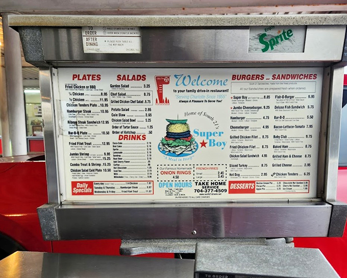 The menu board reads like a love letter to classic American comfort food, with the legendary Super Boy burger commanding center stage.