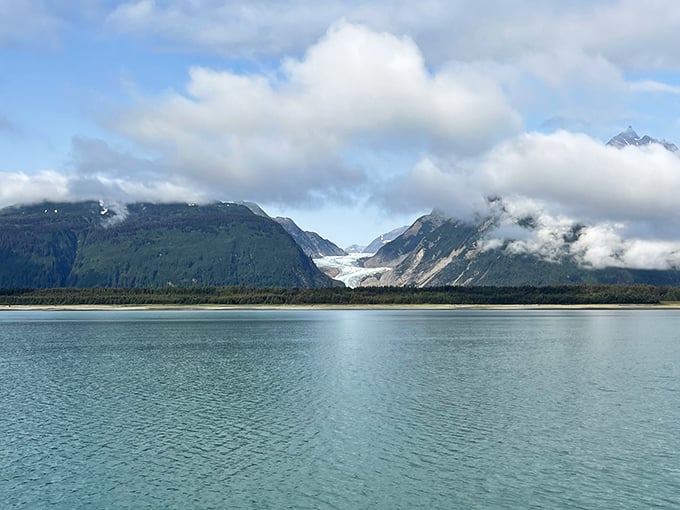 Davidson Glacier peeks through the clouds like a celebrity trying to avoid the paparazzi. Worth the wait for this spectacular reveal!