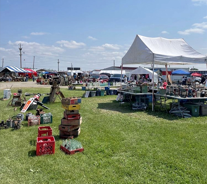 The outdoor market sprawls across grassy fields where colorful crates and weathered tables create a treasure hunter's paradise.