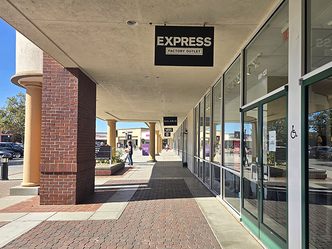 The covered walkways of Express and neighboring shops offer shade from the California sun and shelter from full retail prices.
