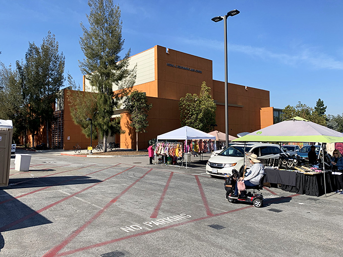 The college's modern architecture provides an unexpectedly perfect backdrop for old-school bargain hunting adventures.