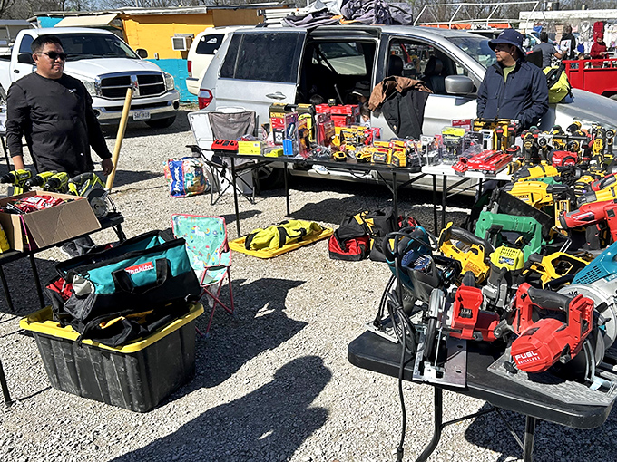 Tool paradise for the DIY enthusiast! Every power tool imaginable stands ready for a second life in someone's workshop.