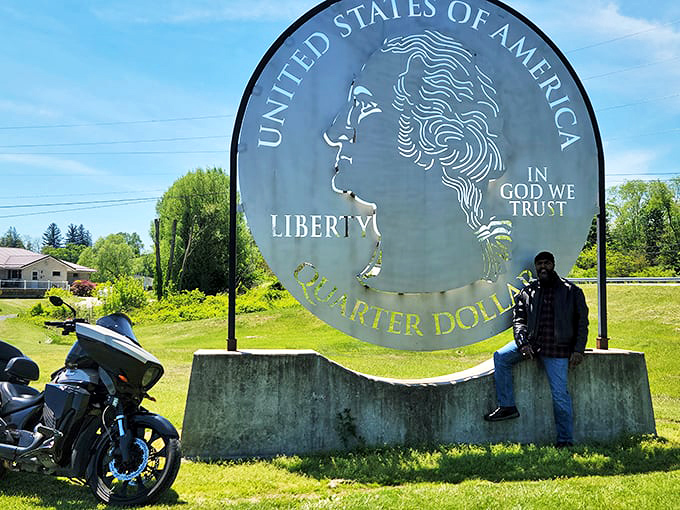 Motorcyclists often make the Giant Quarter a planned stop on their Lincoln Highway adventures, proving good things come to those who brake.
