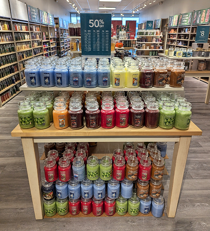 A rainbow of scented possibilities at Yankee Candle. Like a fragrance buffet where you can sample "Fall Hayride" without the actual hay in your shoes.
