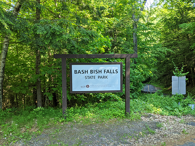 "Bash Bish" might sound like a cartoon sound effect, but this unassuming sign marks the entrance to Massachusetts' most spectacular waterfall wonderland.