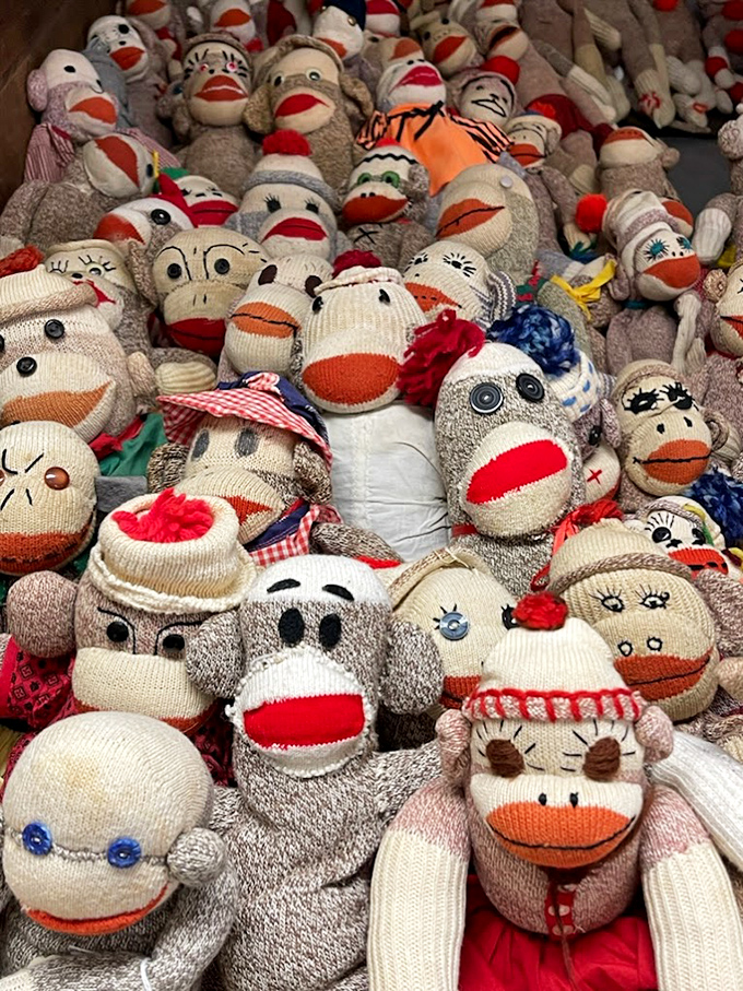 A sea of sock monkey faces stares back with button eyes and red lips. It's like a family reunion where everyone wore the same outfit.