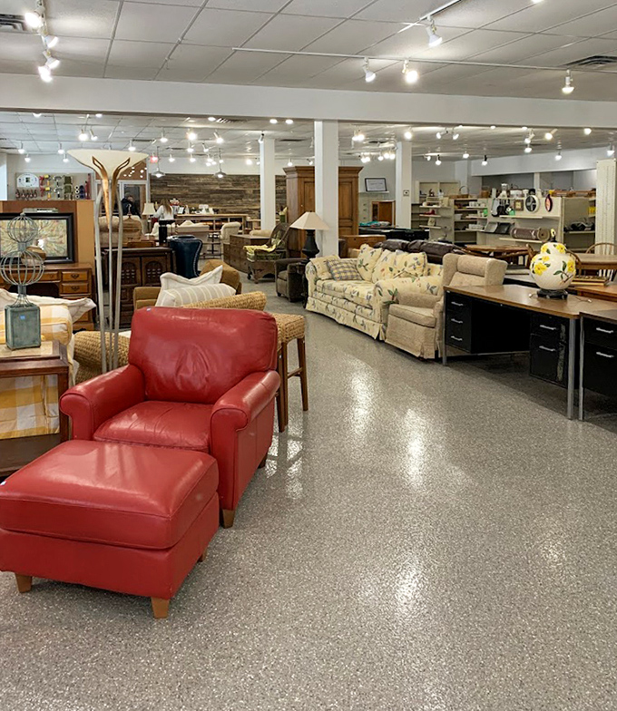 The furniture section offers more character than a Wes Anderson film&mdash;that red leather chair is practically begging for a good book.