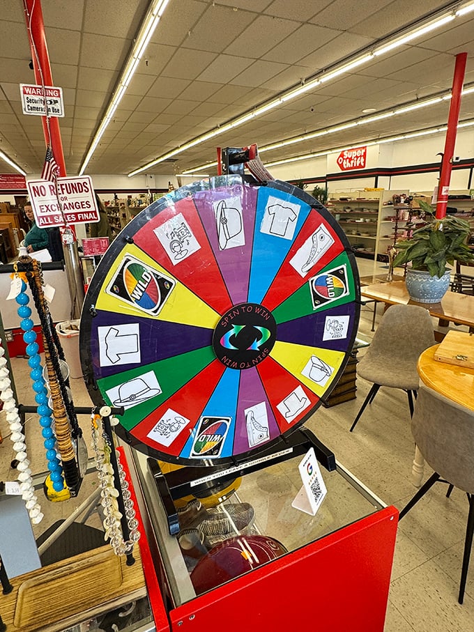 Spin the wheel of thrifty fortune! This colorful game of chance adds carnival flair to your shopping adventure, with discounts that might make your day.