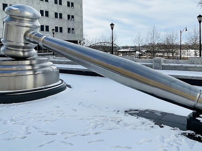 Snow day at the courthouse! Winter transforms this massive symbol of justice into something that looks like it belongs in a legal-themed snow globe.