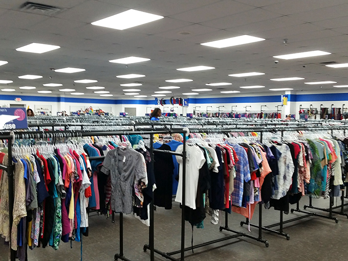 Rack after glorious rack of potential wardrobe transformations. Like a fashion forest where vintage gems hide among everyday foliage.