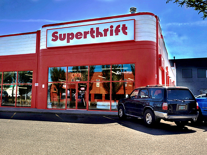 Morning light reflects off SuperThrift's gleaming windows, beckoning shoppers like a siren call to the budget-conscious and vintage-loving alike.