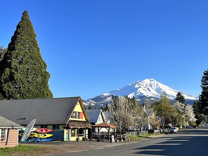 Colorful storefronts welcome visitors with small-town charm, while Mount Shasta looms in the background like nature's version of a corporate headquarters.