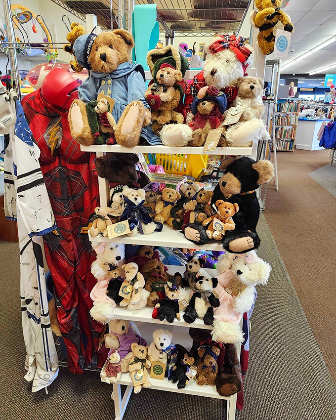 A teddy bear brigade awaits adoption! These plush companions, dressed in their Sunday best, stand ready to bring joy to new homes.