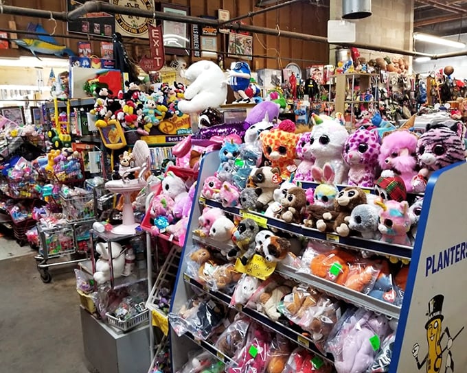 Plush paradise! This stuffed animal metropolis would make any carnival prize-winner jealous. Somewhere in this fuzzy sea is the exact teddy bear from your childhood. 