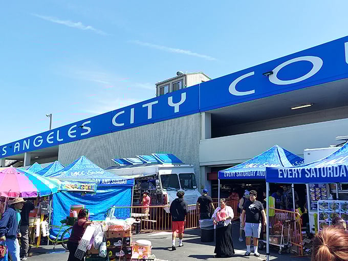 Under that iconic blue "Los Angeles City College" sign, weekend warriors and professional pickers alike converge for the ritual of discovery and haggling.