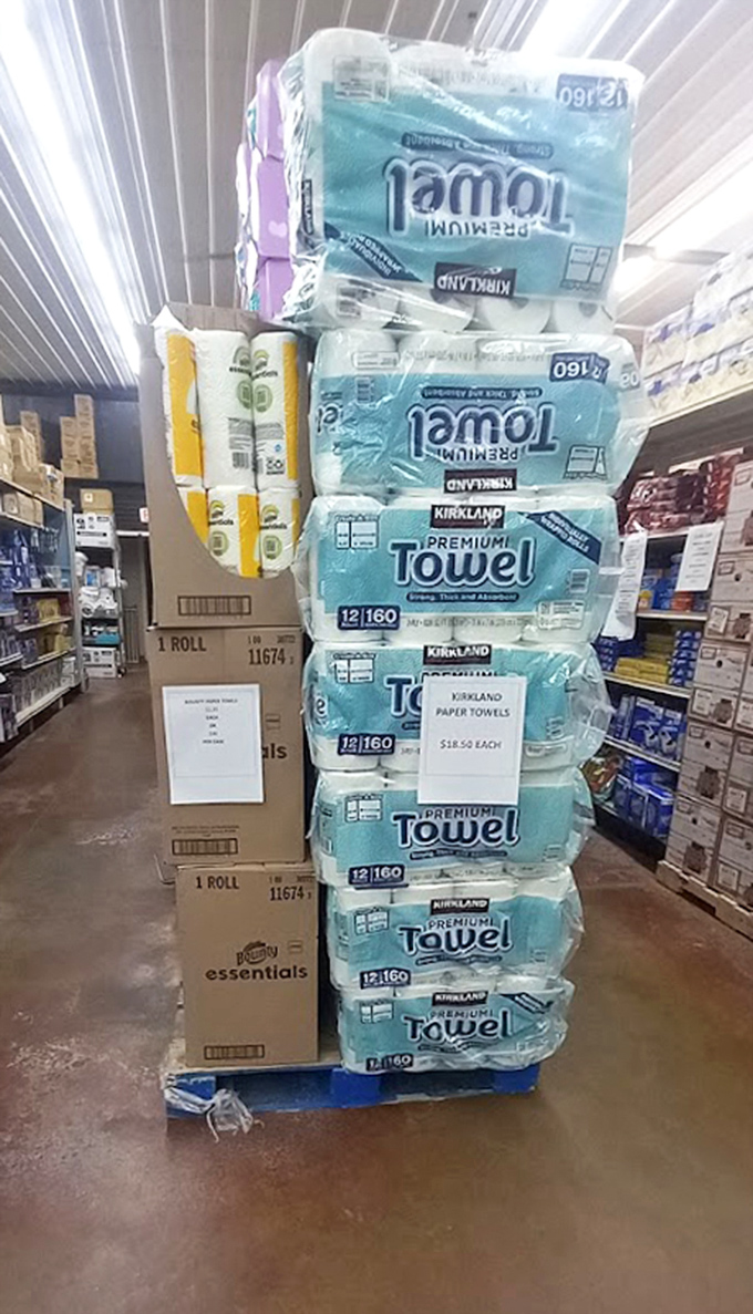 Towers of premium Kirkland paper towels stacked like a monument to savings. At these prices, you'll want to stock up for the apocalypse.