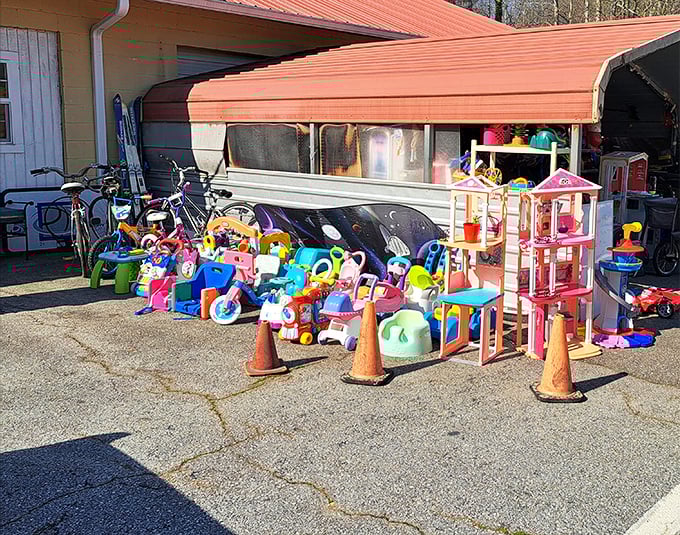 Childhood nostalgia explosion! This colorful array of toys could keep kids entertained for hours while parents hunt for their own treasures. Every plastic dinosaur has a story to tell.