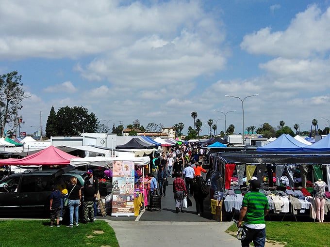 Weekend warriors navigate the bustling marketplace, where every aisle promises new finds and unexpected treasures waiting to be uncovered.