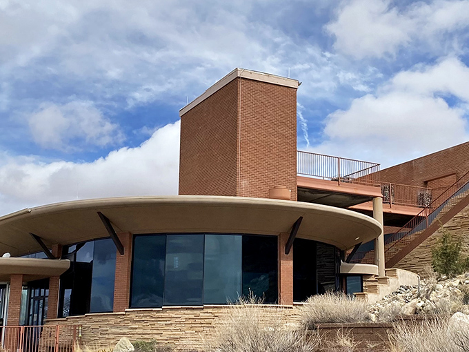 The visitor center's mid-century modern design feels like the Jetsons decided to build a vacation home on the edge of oblivion.