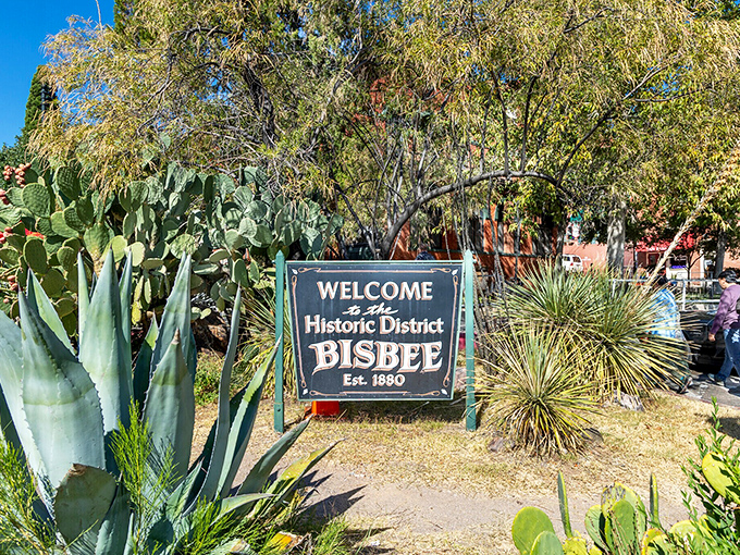 Nestled against copper-rich hills, Bisbee's panorama showcases the Copper Queen Hotel's distinctive silhouette dominating a skyline unchanged for generations.