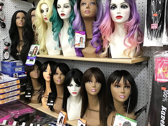 Hair today, gone tomorrow! This rainbow of wigs offers instant transformation for anyone brave enough to trade their natural locks for mermaid hues.