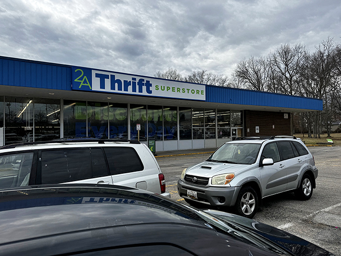 The classic thrift superstore facade hints at endless aisles of discoveries waiting just beyond those welcoming glass doors.