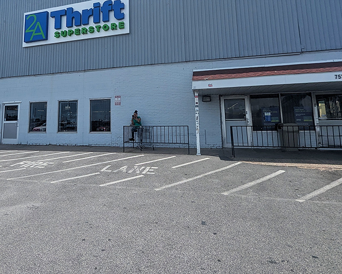 The warehouse exterior promises serious thrifting adventures, where treasure hunters come to strike it rich.