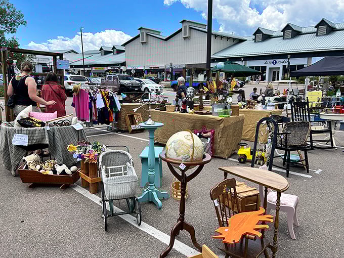 Outdoor browsing at its finest - where vintage furniture meets mountain air and bargain hunters find paradise.
