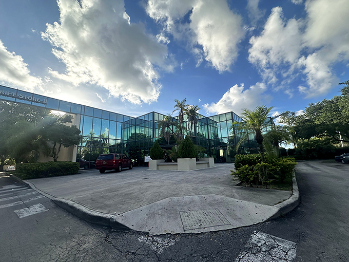 Glass palace or thrift paradise? This architectural showstopper houses bargains beneath a Florida sky that's equally dramatic.