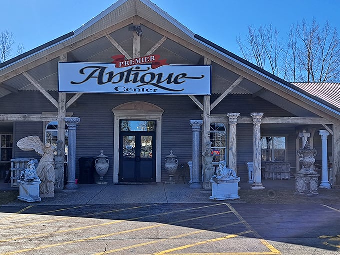 Grand columns and statues guard the entrance like sentries of style. Indiana Jones would approve of this antiquing adventure!