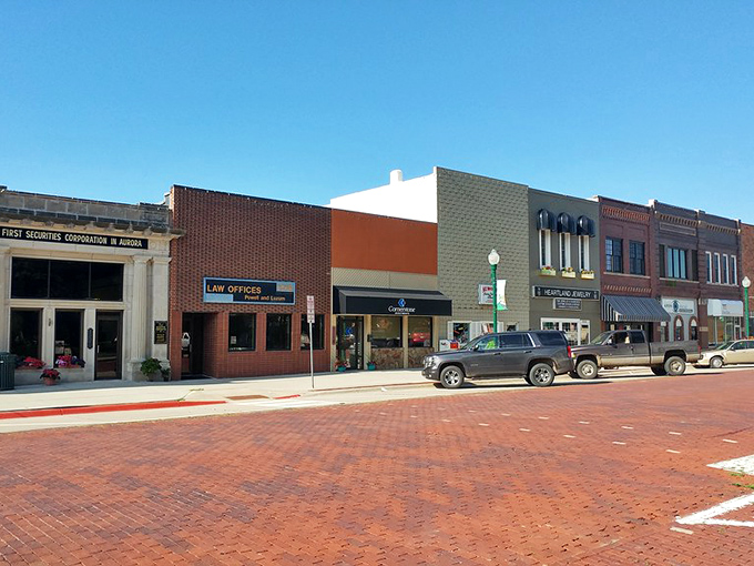 Aurora's historic downtown stretches before you with brick-paved streets that have witnessed generations of Nebraska stories.