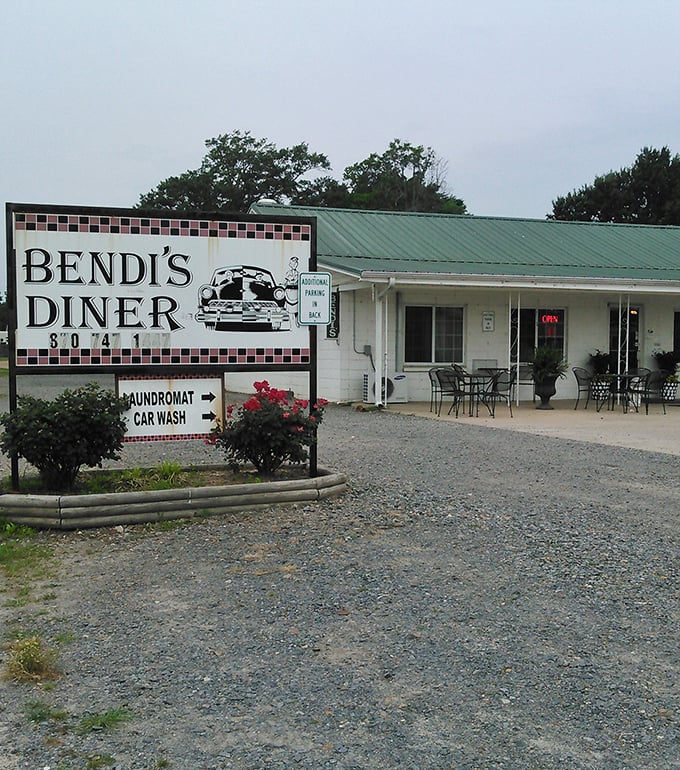 Bendi's Diner (sign): "Classic black and white checkerboard sign that promises no-nonsense comfort food. Even the flowers look happy to be here!"