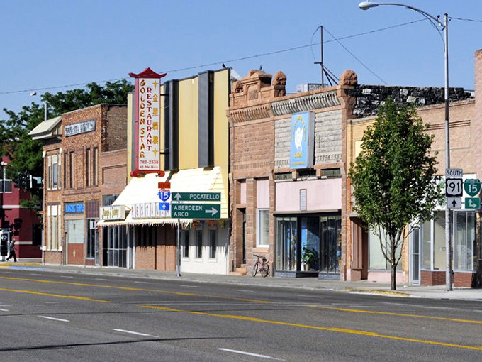 Retro storefronts and old highway signs capture that timeless small-town Americana charm.