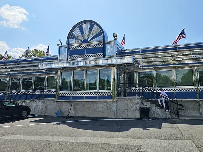 Classic blue and white checkered design screams "authentic diner" louder than a morning alarm clock.
