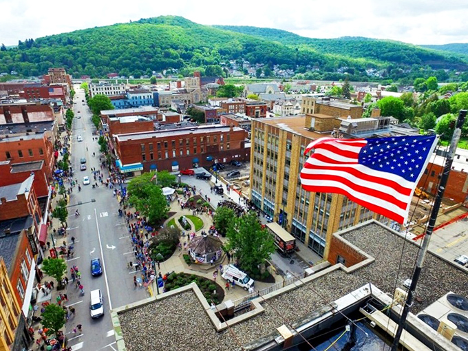 Bradford's downtown proudly waves the stars and stripes, surrounded by rolling hills that cradle this affordable gem.