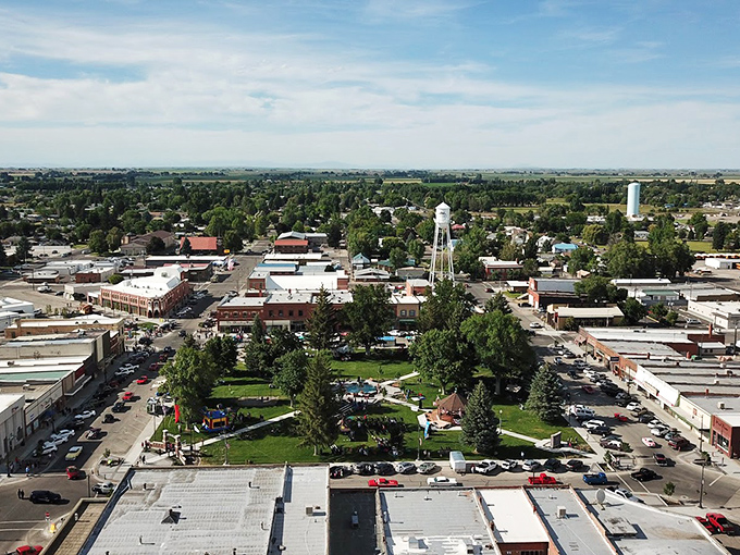 Burley's town square sits peacefully under big sky, proving small towns have big hearts.