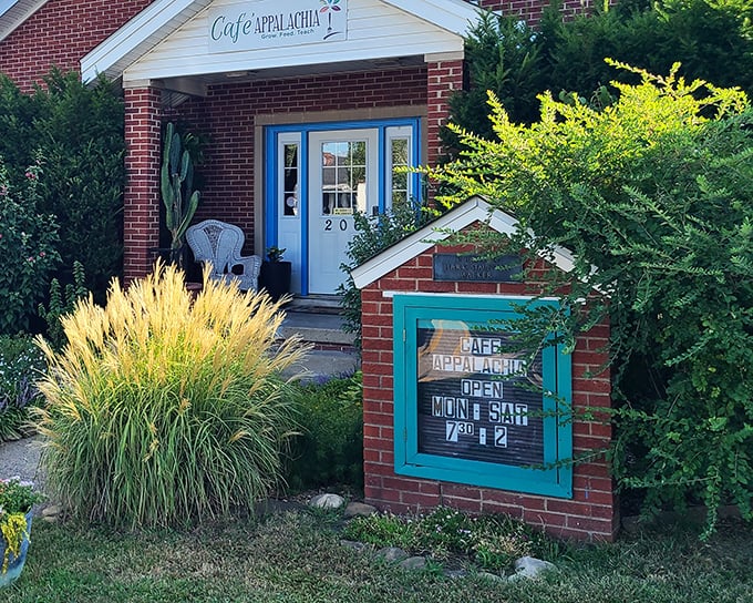 Cafe Appalachia's welcoming entrance feels like arriving at a friend's country home. That blue door promises good things for hungry travelers!