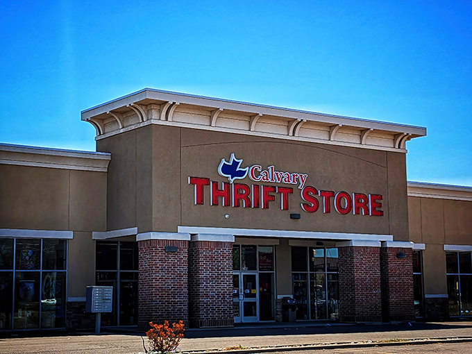 That classic red neon glow promises treasures waiting inside this massive thrift wonderland.