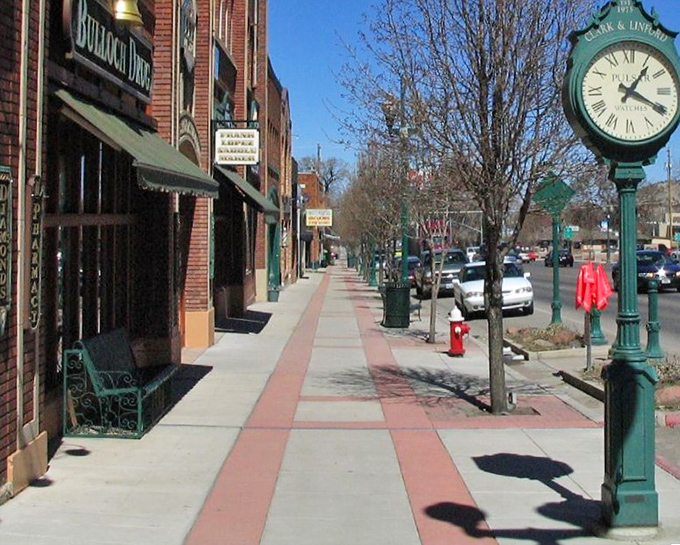 Tree-lined sidewalks and vintage clocks create the perfect recipe for leisurely afternoon strolls.
