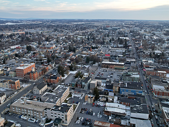 Chambersburg's aerial view reveals a patchwork of neighborhoods nestled against Pennsylvania's rolling landscape. A bird's-eye bargain!