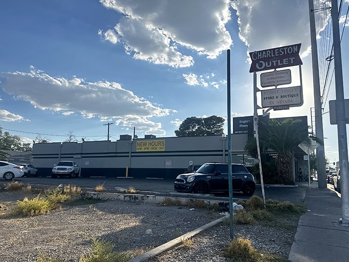 Charleston Outlet stands ready for treasure hunters under Nevada's endless blue sky. X marks the bargain spot!