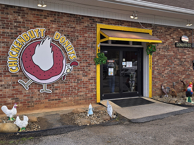 Chickenbutt Donuts - where the name makes you giggle and the brick-and-yellow exterior hints at the whimsy waiting inside.