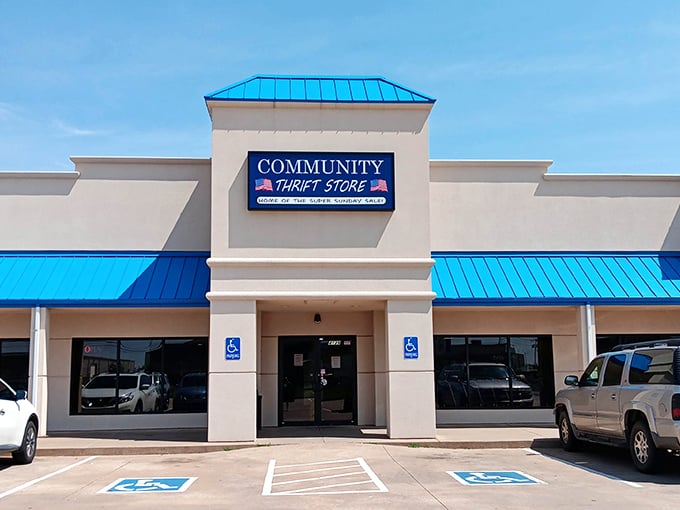 That bright blue roof signals bargain paradise ahead&mdash;your wallet's favorite landmark in Oklahoma City's landscape.