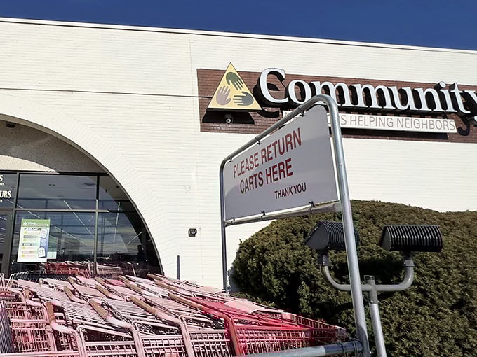 Those red shopping carts lined up outside hint at the serious treasure hunting happening inside CommunityAid. 