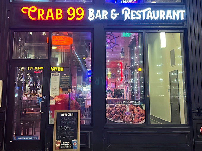 Crab 99's neon glow beckons seafood lovers like a lighthouse for the hungry. The treasures inside are worth the journey!