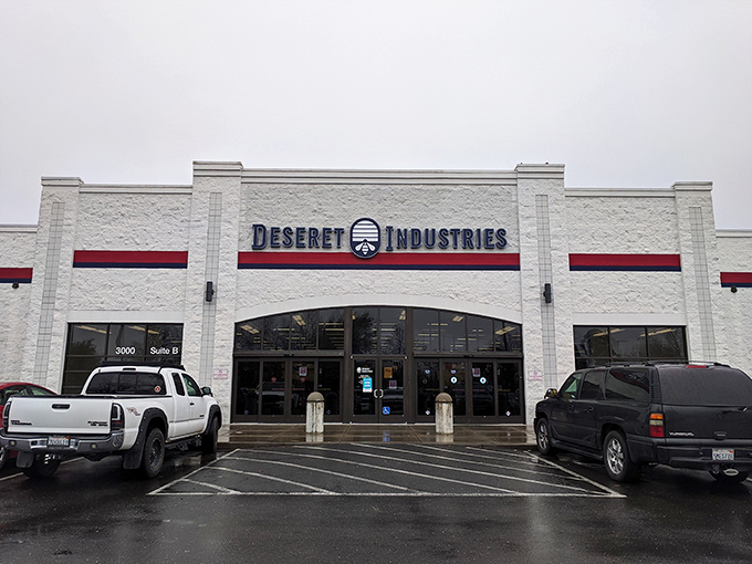 Deseret Industries' clean white facade hides a warehouse of wonders waiting to be discovered inside.
