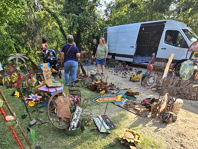 Nature provides the ceiling at Dog Trade! Outdoor vendors create a rustic shopping experience under Sulphur's open Oklahoma sky.
